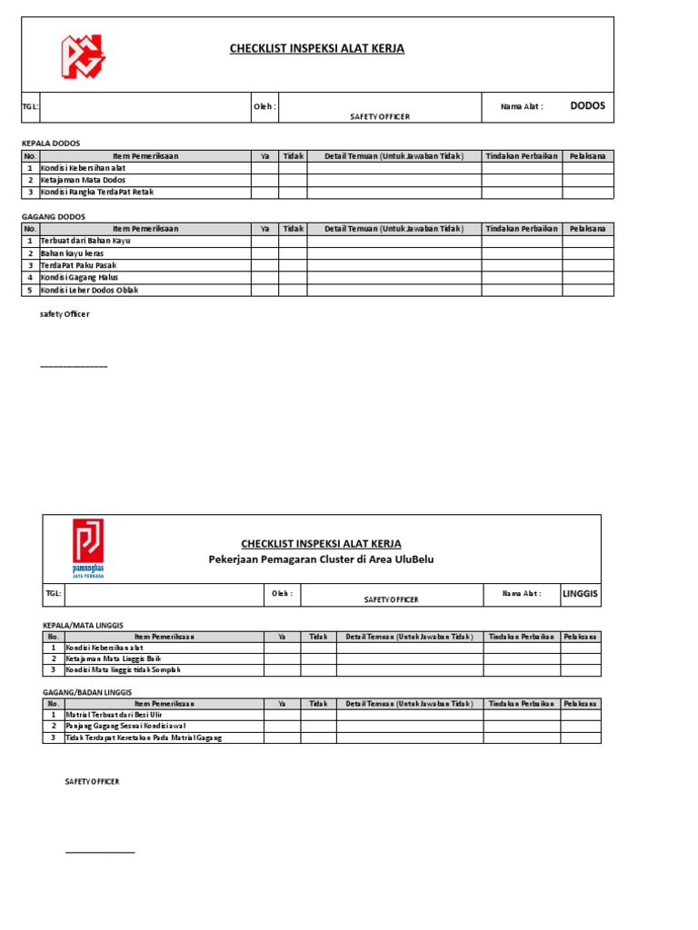 Checklist Inspeksi Alat Kerja | PDF