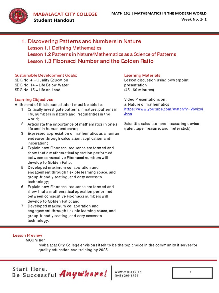 MATH 101-WEEK 1-2-STUDENT HANDOUT-The Nature of Mathematics-3-14 and 15 ...