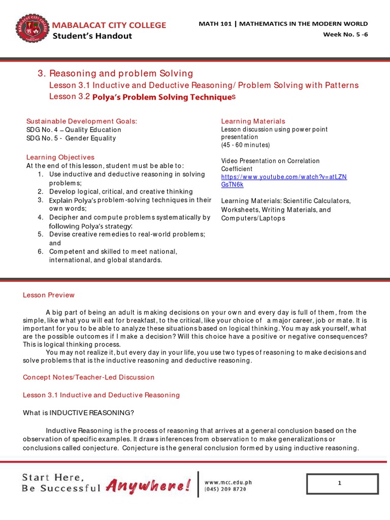MATH 101-WEEK 5-6-STUDENT HANDOUT-REASONING AND PROBLEM sOLVING | PDF | Inductive Reasoning | Reason