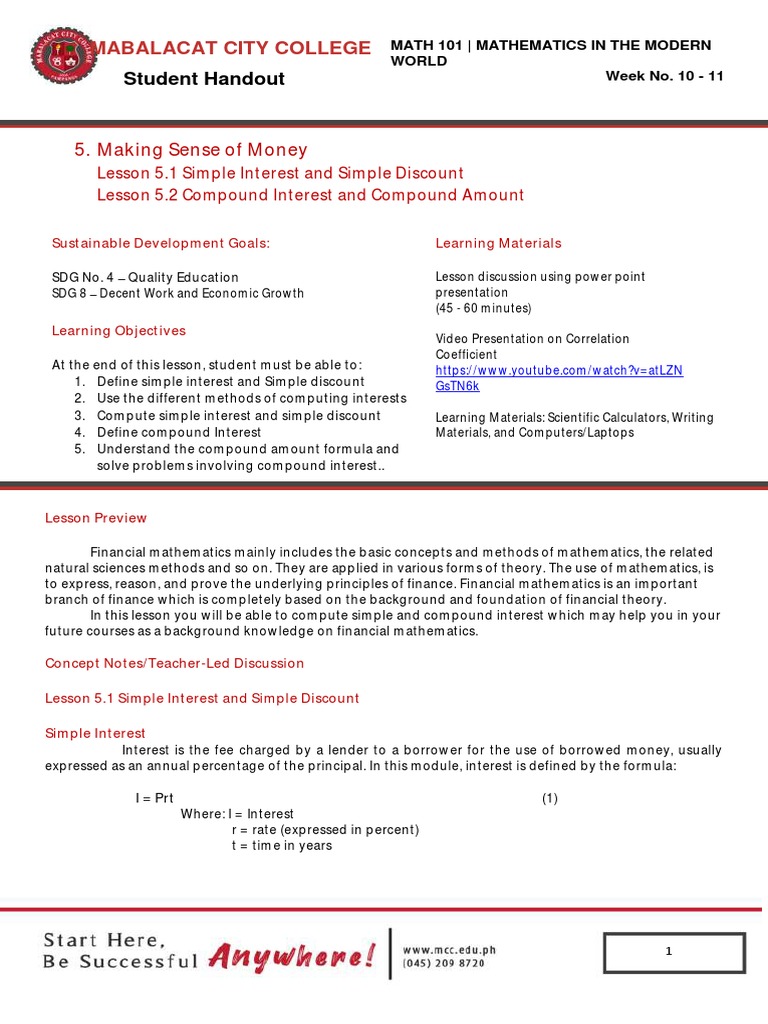 MATH 101-WEEK 11-12-STUDENT HANDOUT-Making Sense of Money | PDF ...