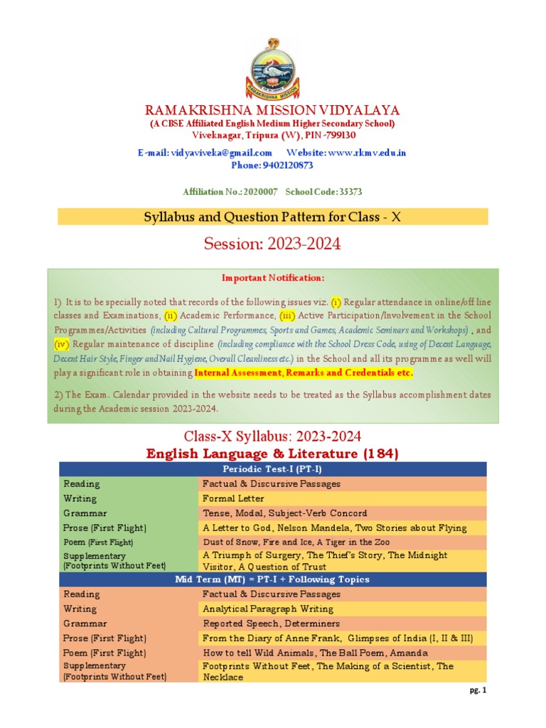 Class 10 Compiled Syllabus and QP 2023 24 | PDF | Poetry | Multiple Choice