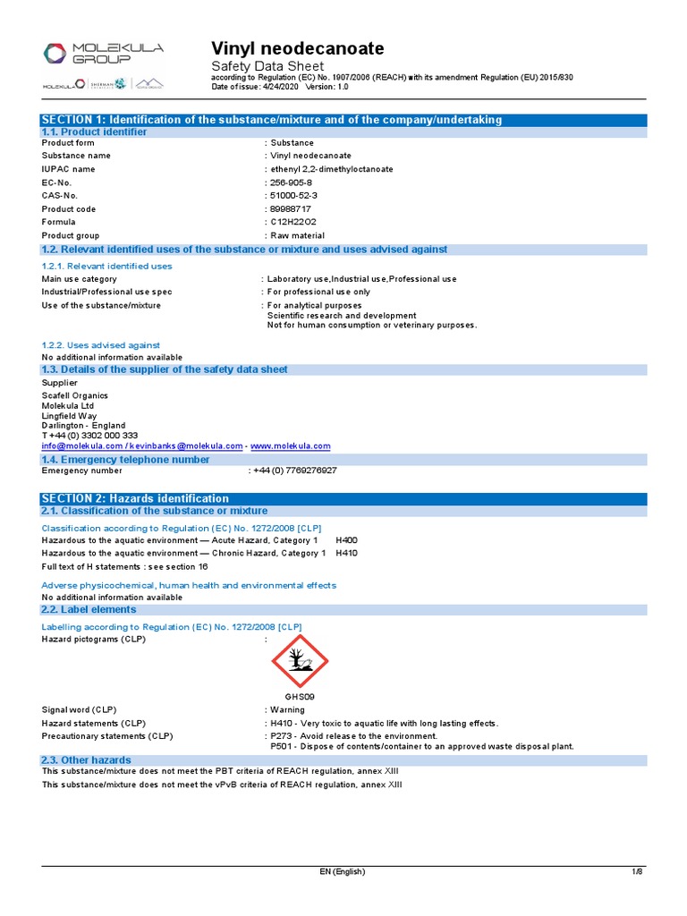 Vinyl Neodecanoate Safety Overview | PDF | Firefighting | Dangerous Goods
