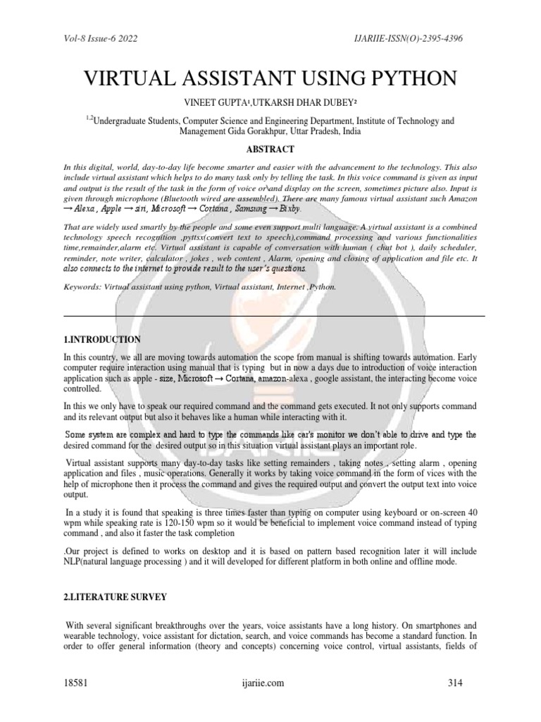 Virtual Assistant Using Python Ijariie18581 | PDF | Speech Recognition ... Virtual Assistant Using Python Ijariie18581 | PDF | Speech Recognition ...