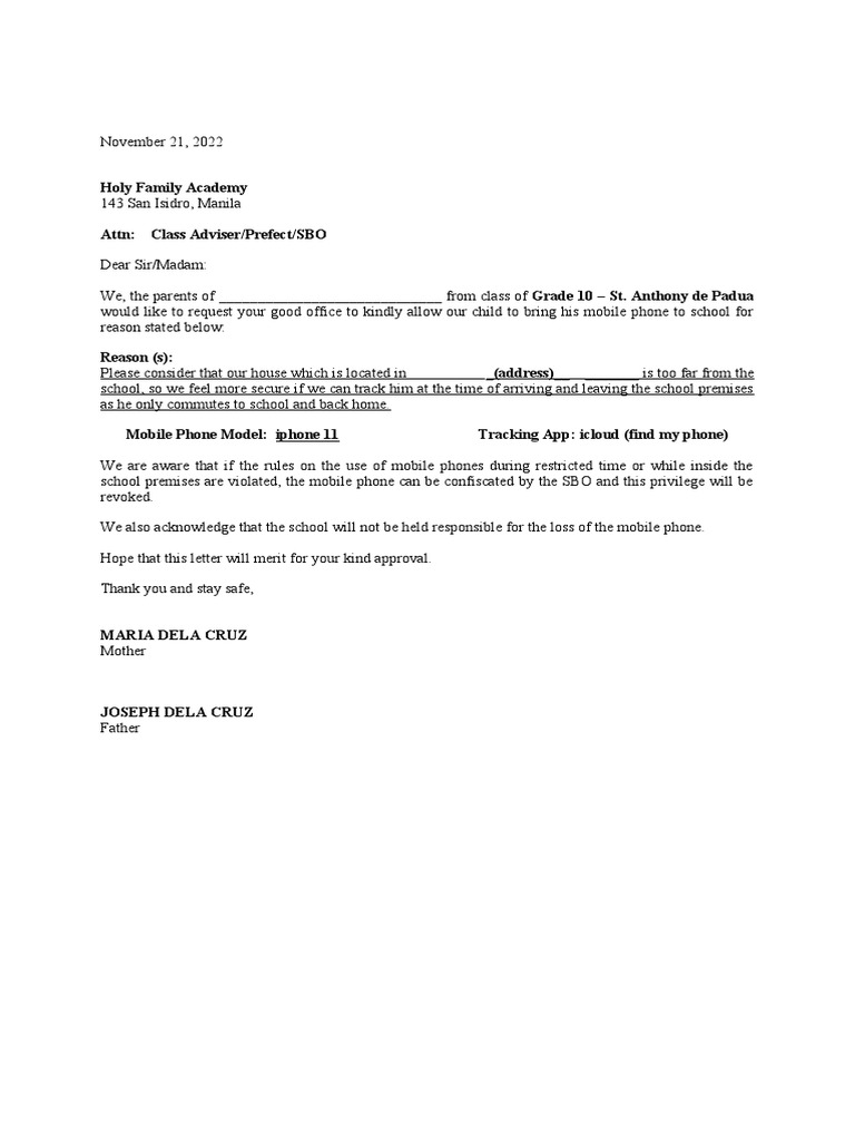 Request for Mobile Phone Permission | PDF