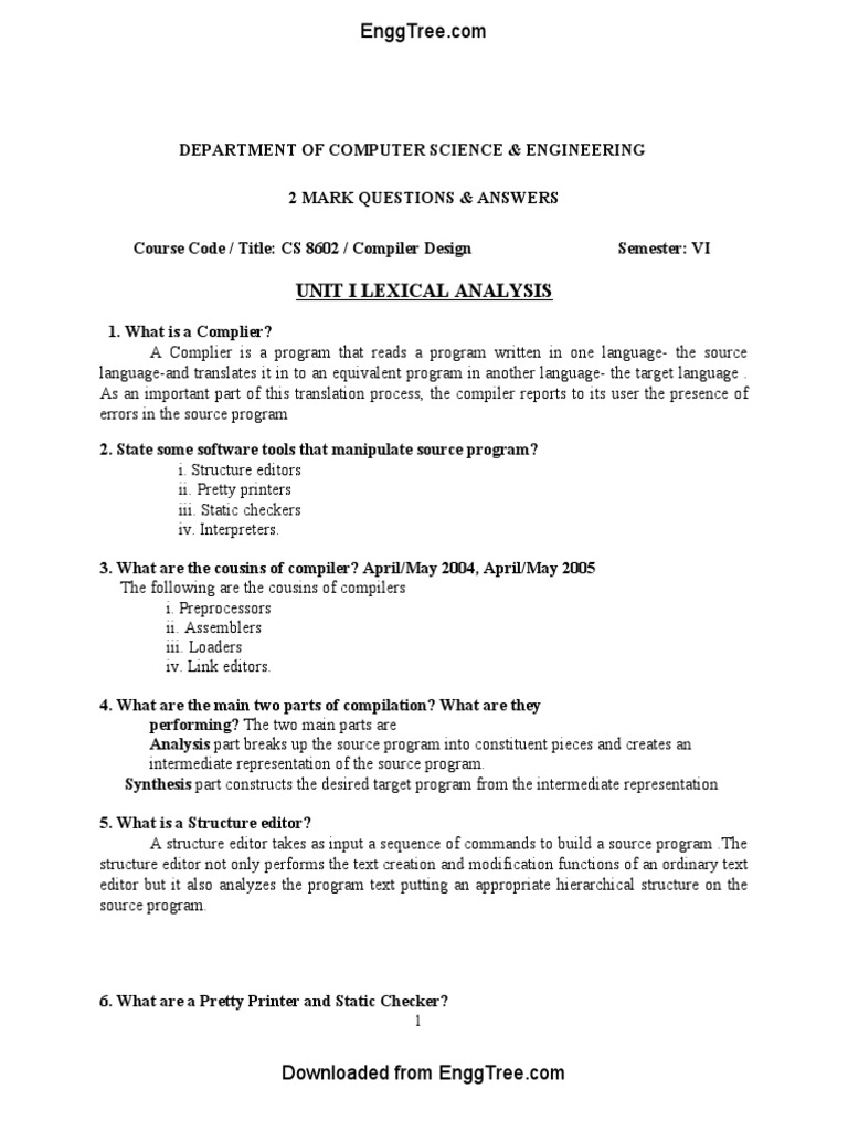 CS8602 Compiler Design Two Marks Questions 1 | PDF | Parsing | Compiler