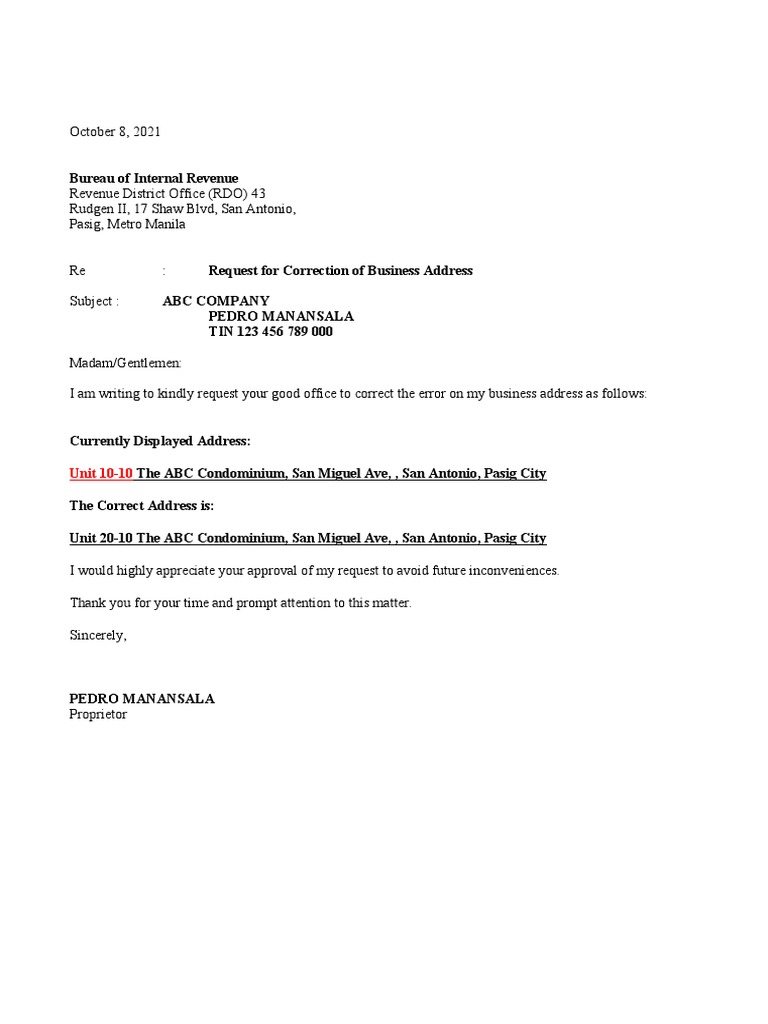 Request for Correction of Business Address | PDF
