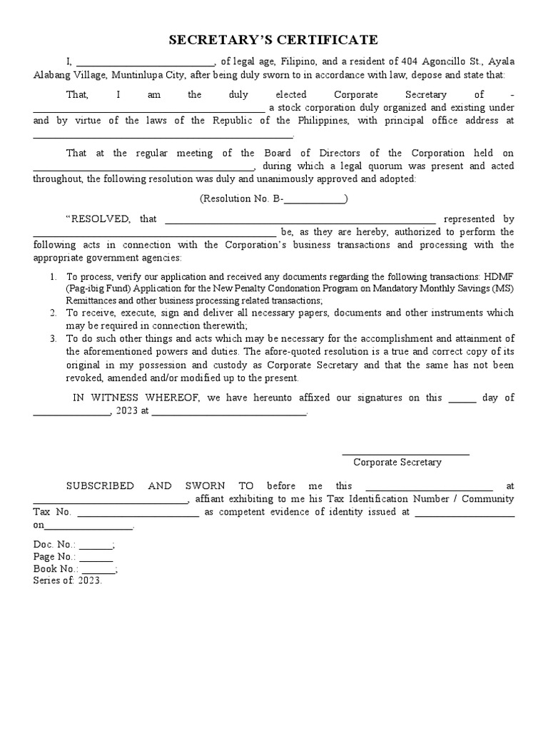 Secretary's Certificate - HDMF Condonation | PDF