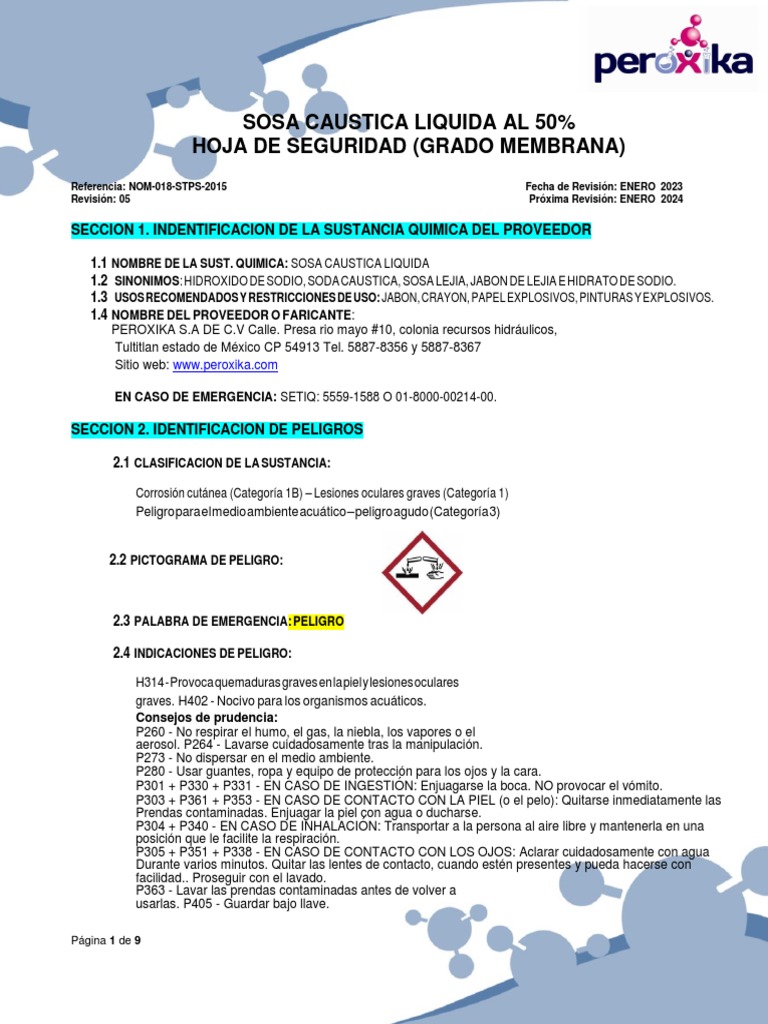 Hoja de Seguridad: Sosa Cáustica 50% | PDF