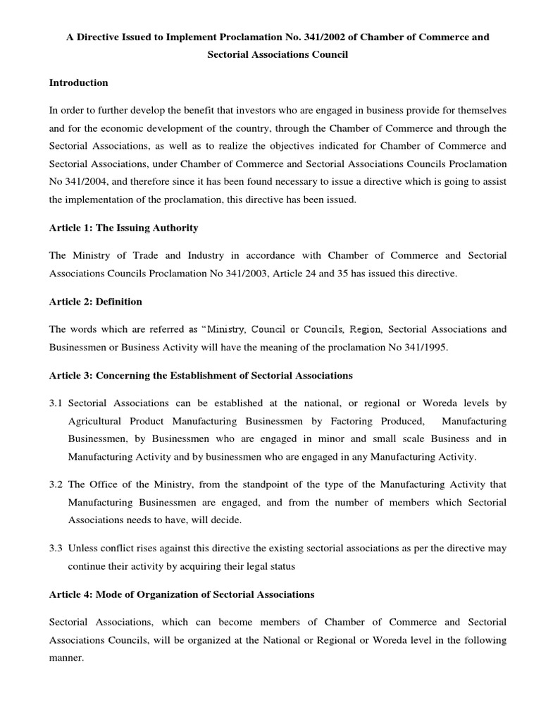 Directive for Sectorial Associations Setup | PDF | Foods | Ethiopia
