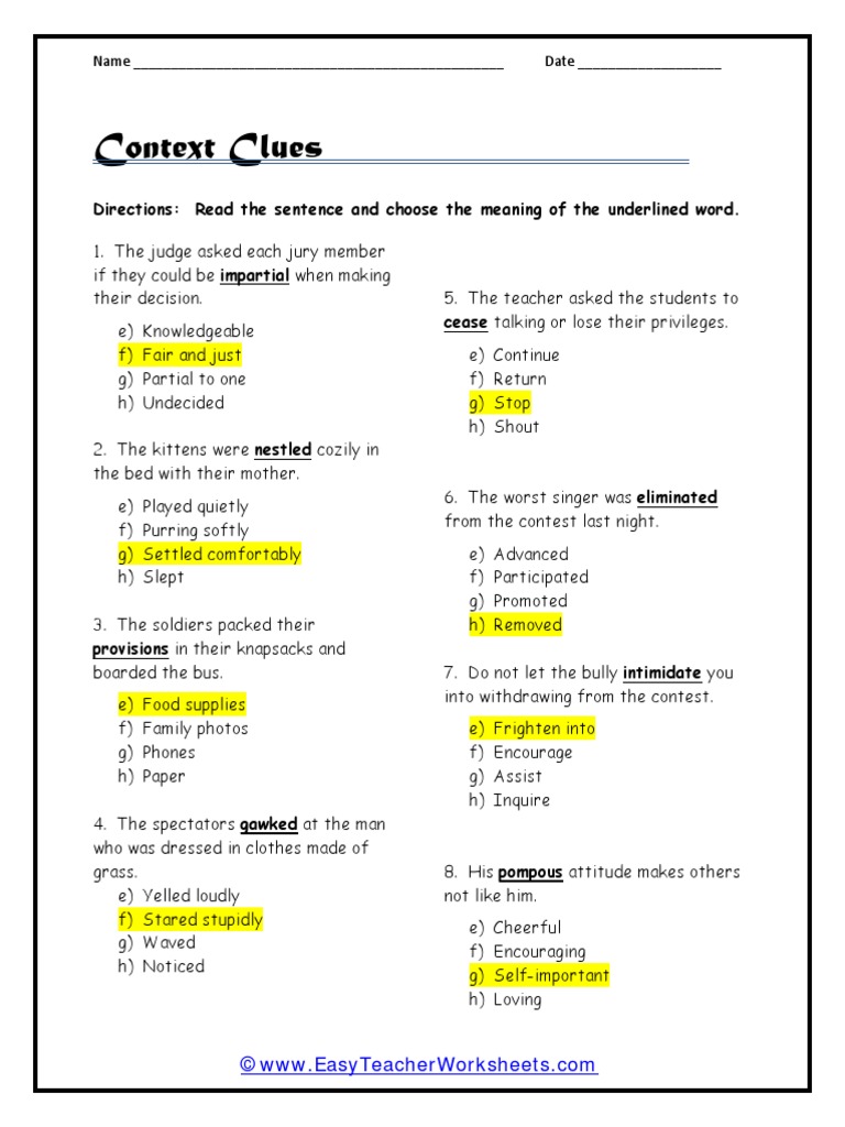 Context Clues Worksheet | PDF
