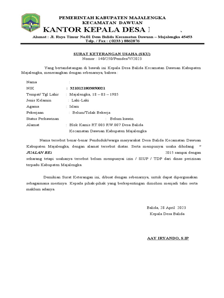 Sku (Surat Keterangan Usaha) | PDF