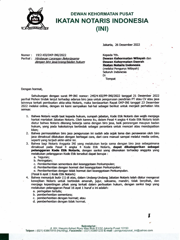 Surat DKP-INI Himbauan Larangan Bekerjasama Dengan Biro Jasa | PDF
