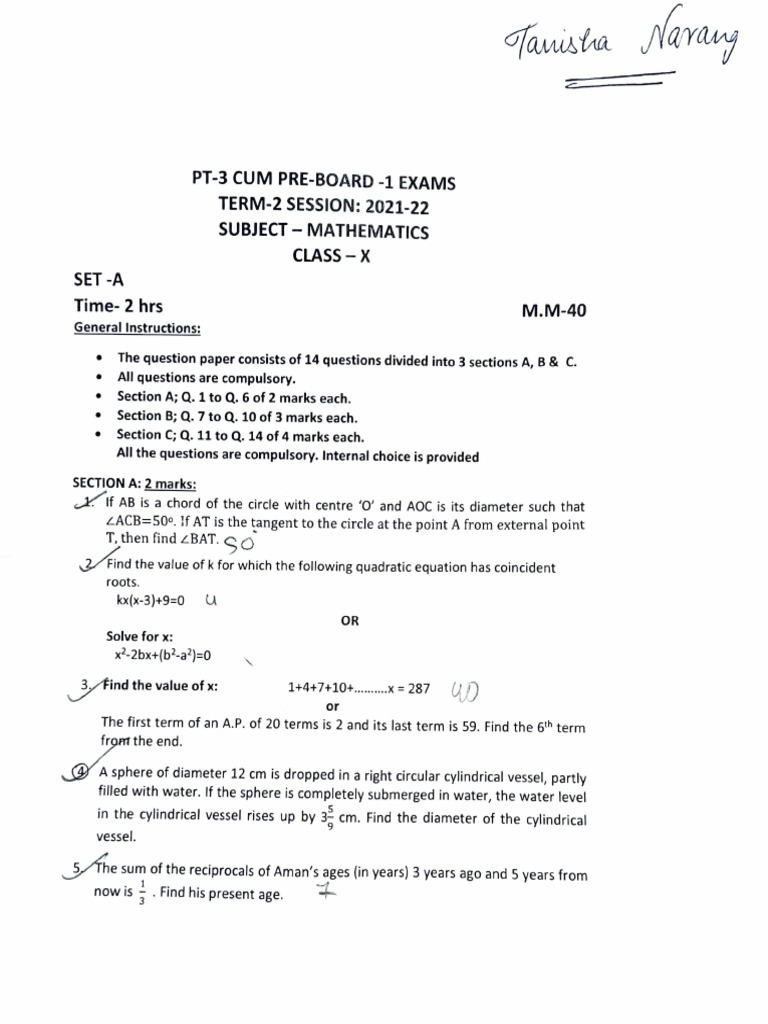 Maths Preboard Qp Pdf Circle Triangle 9048