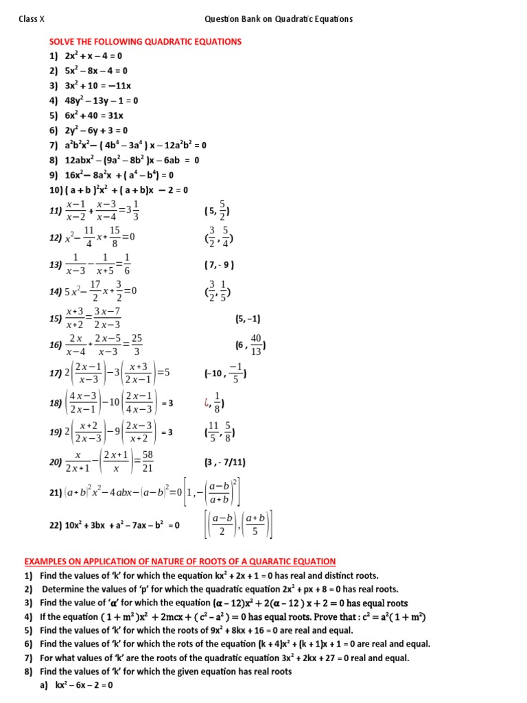 Class X Quadratic Equations | PDF | Speed | Numbers