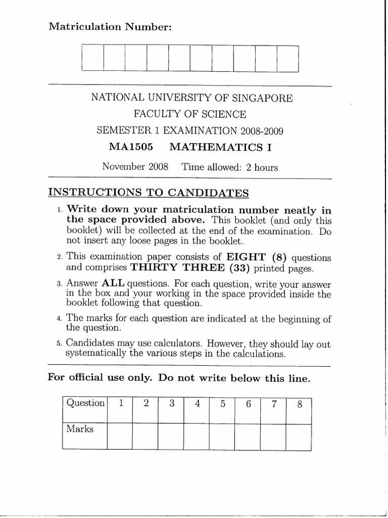 MA1505 0809 Sem1 Question | PDF