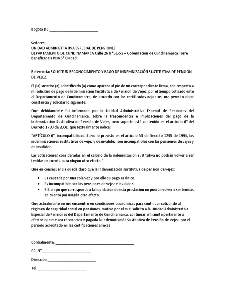 Solicitud Reconocimiento y Pago de Indemnizacion Sustitutiva de Pension de Vejez | PDF