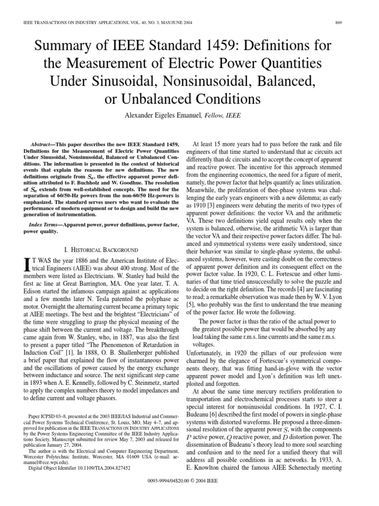 Summary of IEEE Standard 1459 - Definitions For The Measurement of ...