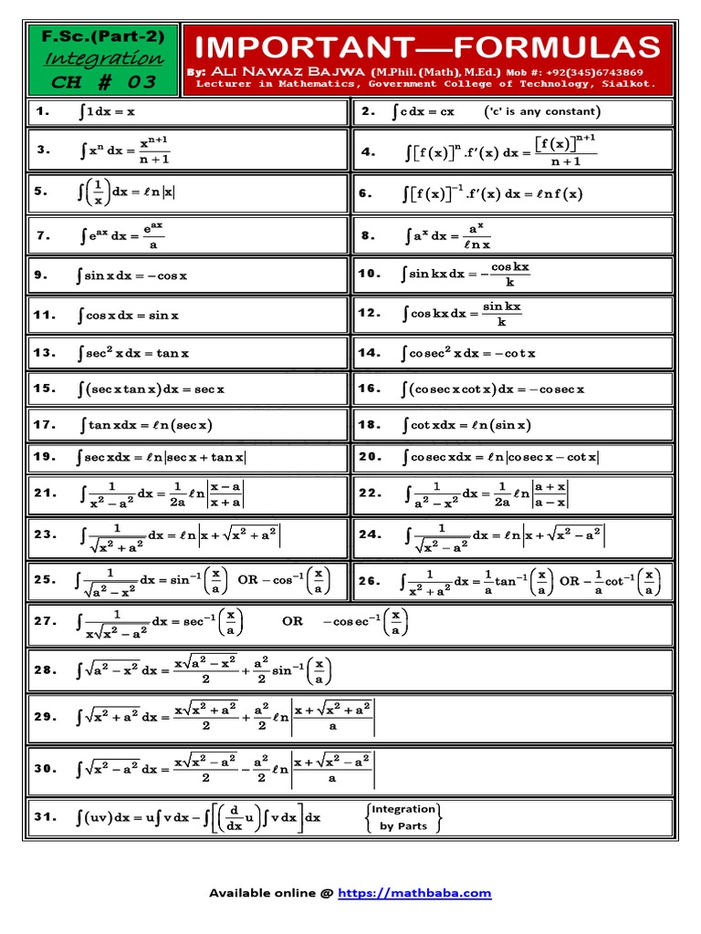 Integration Formulas 1 | PDF