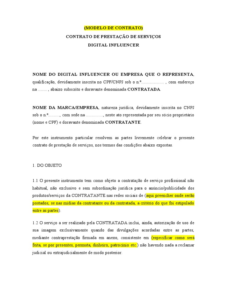 Modelo de Contrato de Prestacao de Servicos - Digital Influencer ...
