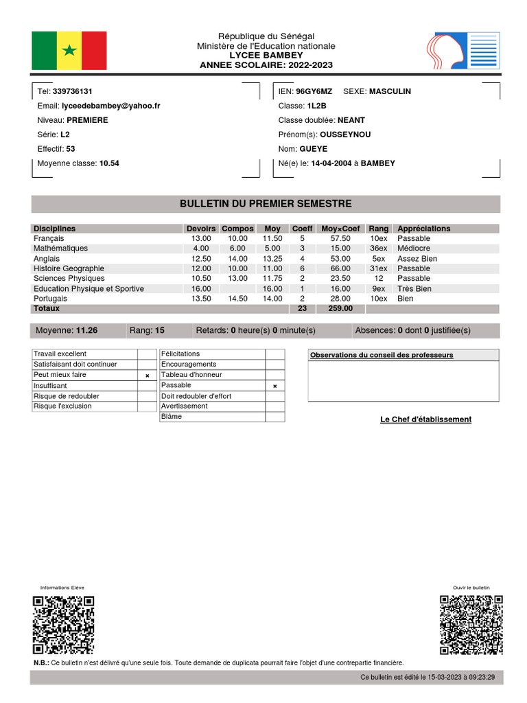 Bulletin Scolaire 2022-2023 - Lycée Bambey | PDF