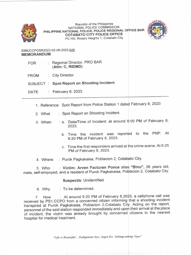 PS1-Spot Report On Shooting Incident-Victim Arven Facturan Ponce Alias ...