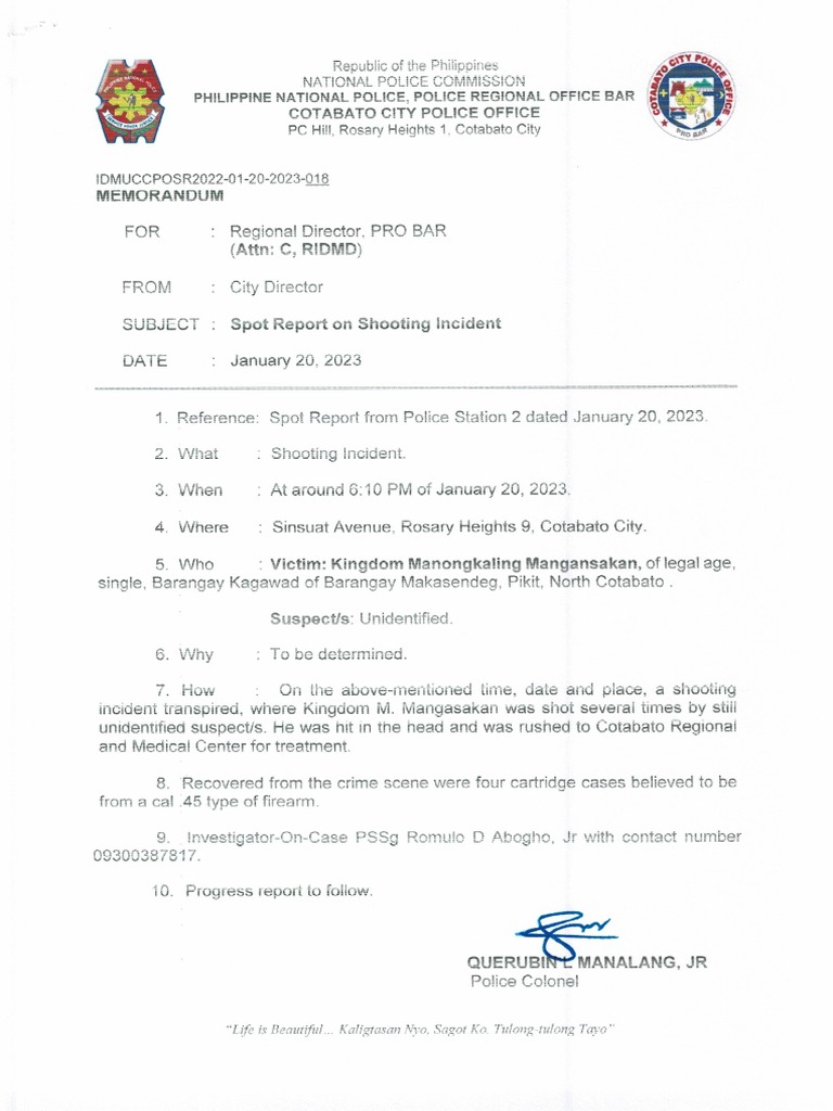Spot Report On Shooting Incident Victim - Kingdom M. Mangansakan | PDF