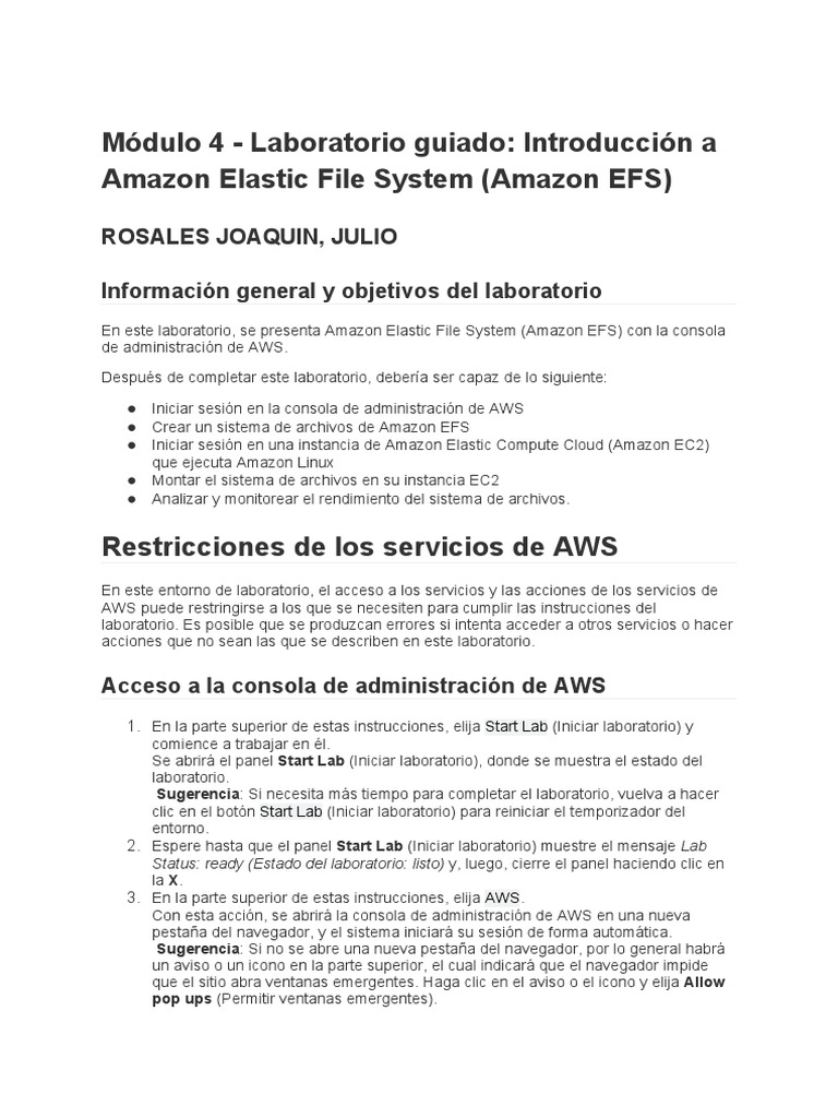 Módulo 4 - Laboratorio Guiado - Introducción A Amazon Elastic File System (Amazon EFS) | PDF ...