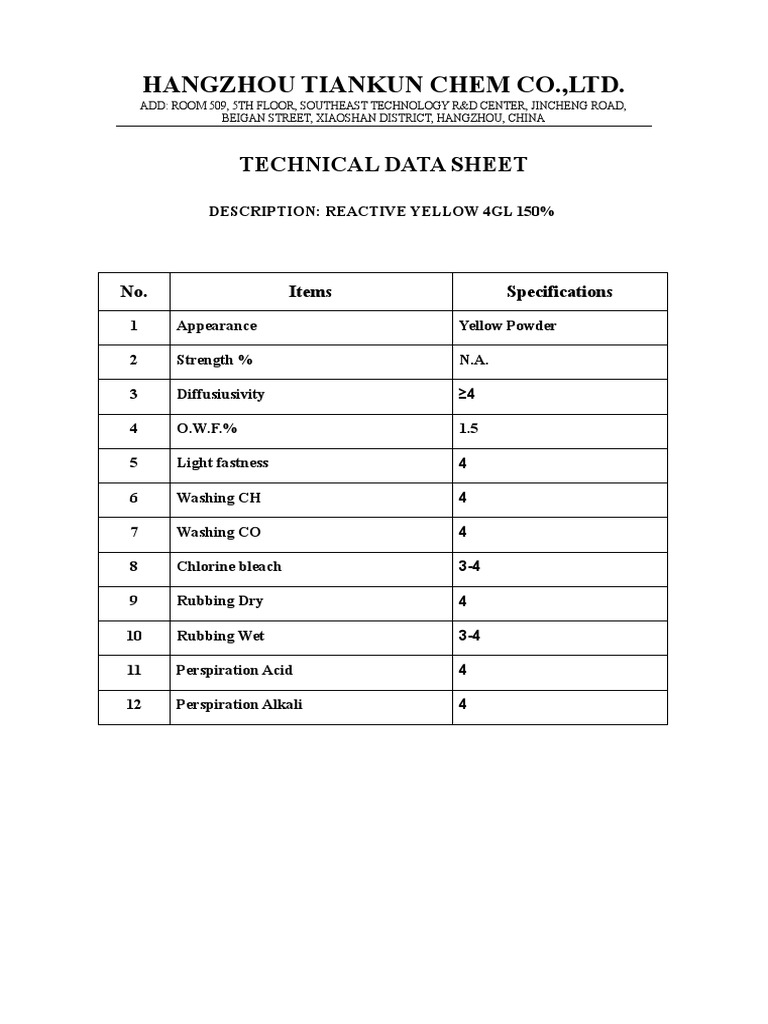 Reactive Yellow 4gl 150% - FT | PDF | Technology & Engineering
