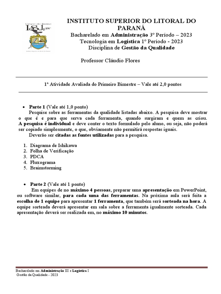 1ª Atividade avaliada - Primeiro bimestre | PDF