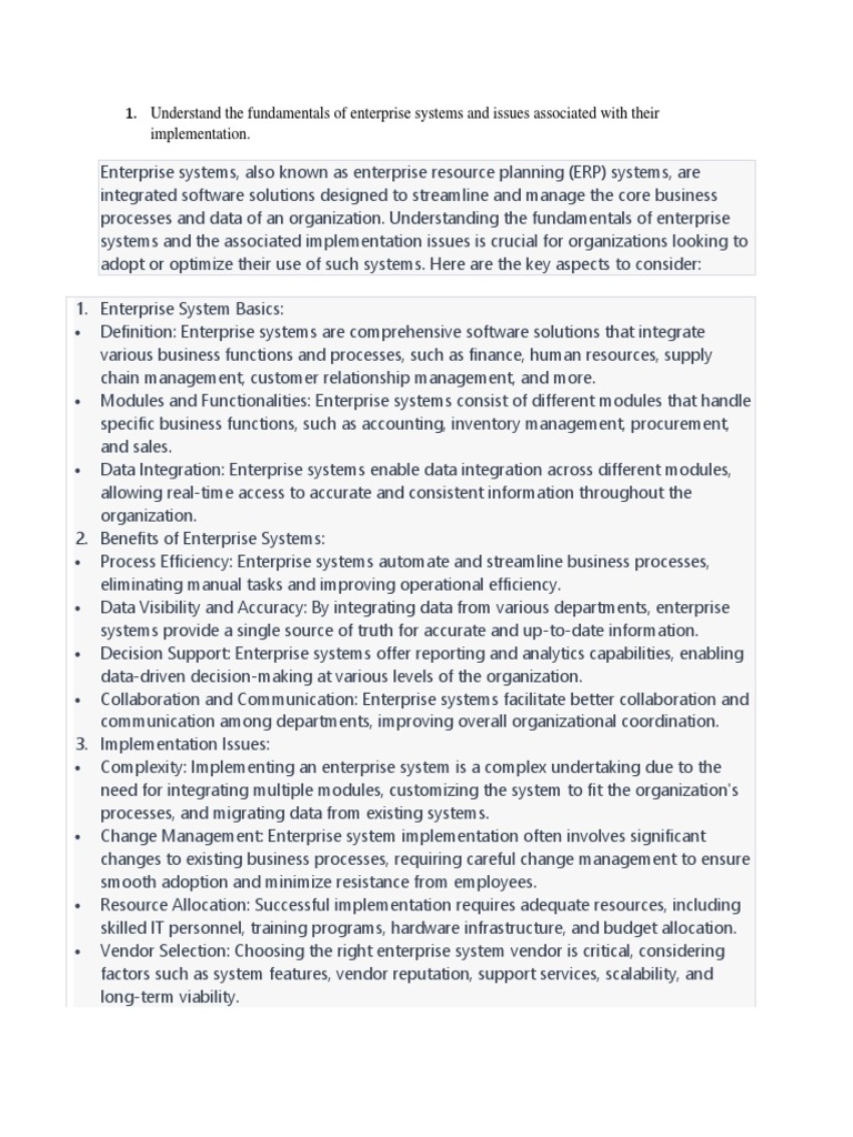 Understand The Fundamentals of Enterprise Systems and Issues Associated With Their ...