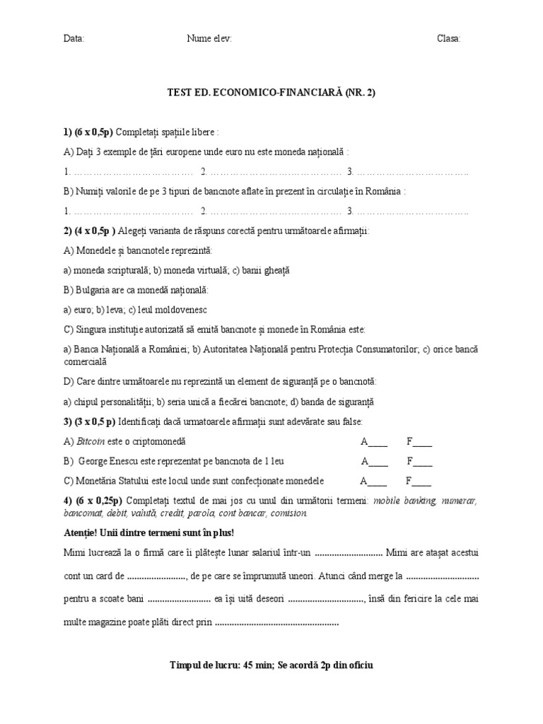 Test Ed Financiara Clasa A 8-A | PDF