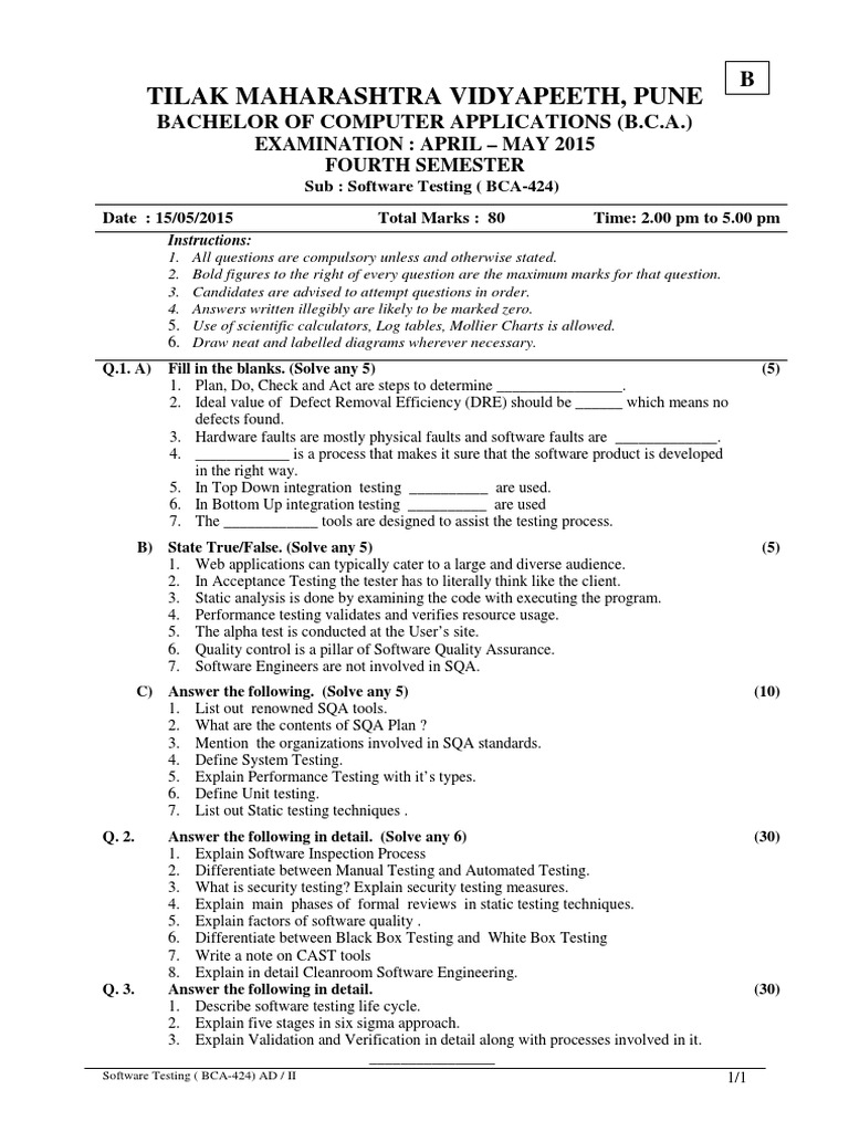 Software Testing BCA Exam Paper 2015 | PDF | Software Testing ...