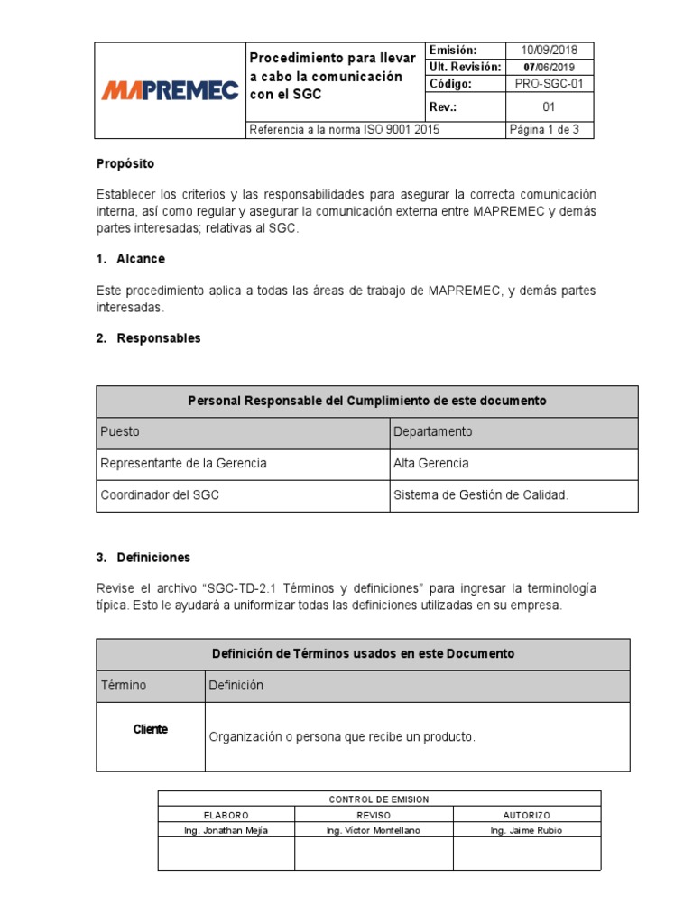 PRO-SGC-01(COMUNICACION DEL SGC) | PDF | Sistema de manejo de calidad ...