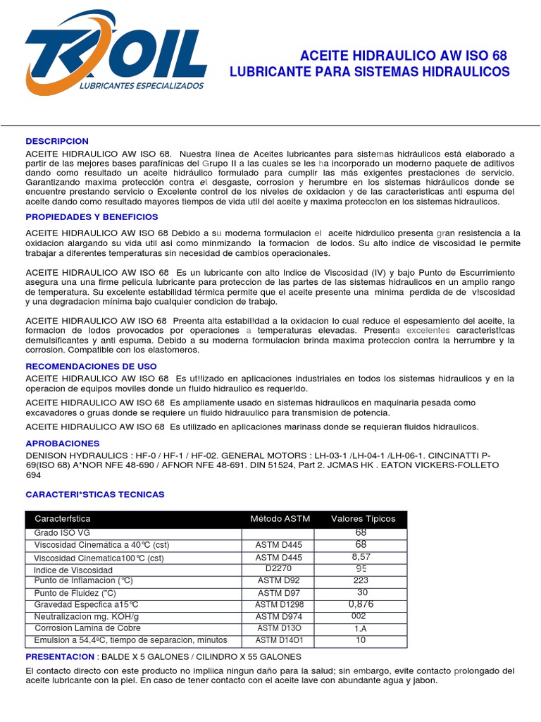 Aceite Hidraulico AW ISO 68 FT | PDF | Lubricante | Sustancias químicas
