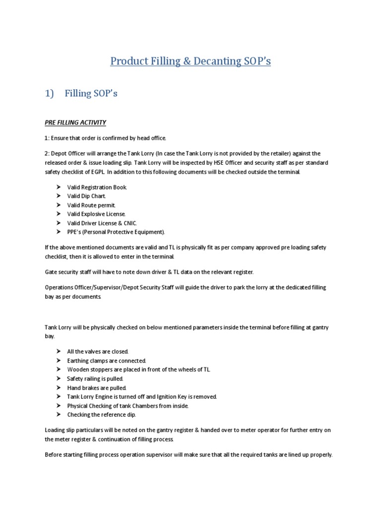 Filling & Decanting SOP's | PDF | Truck | Transport