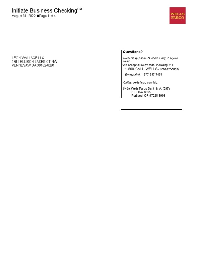 Initiate Business Checking: August 31, 2022 Page 1 of 4 | PDF | Overdraft | Transaction Account