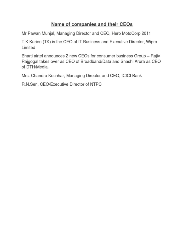 Name of Companies and Their CEOs | PDF | Technology & Engineering