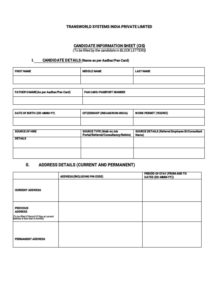 Candidate Information Sheet | Download Free PDF | Employment