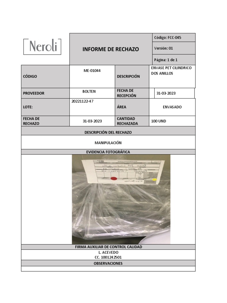 Informe de Rechazo Envase Pet Cilindrico Dos Anillos Ot- 2332 | PDF