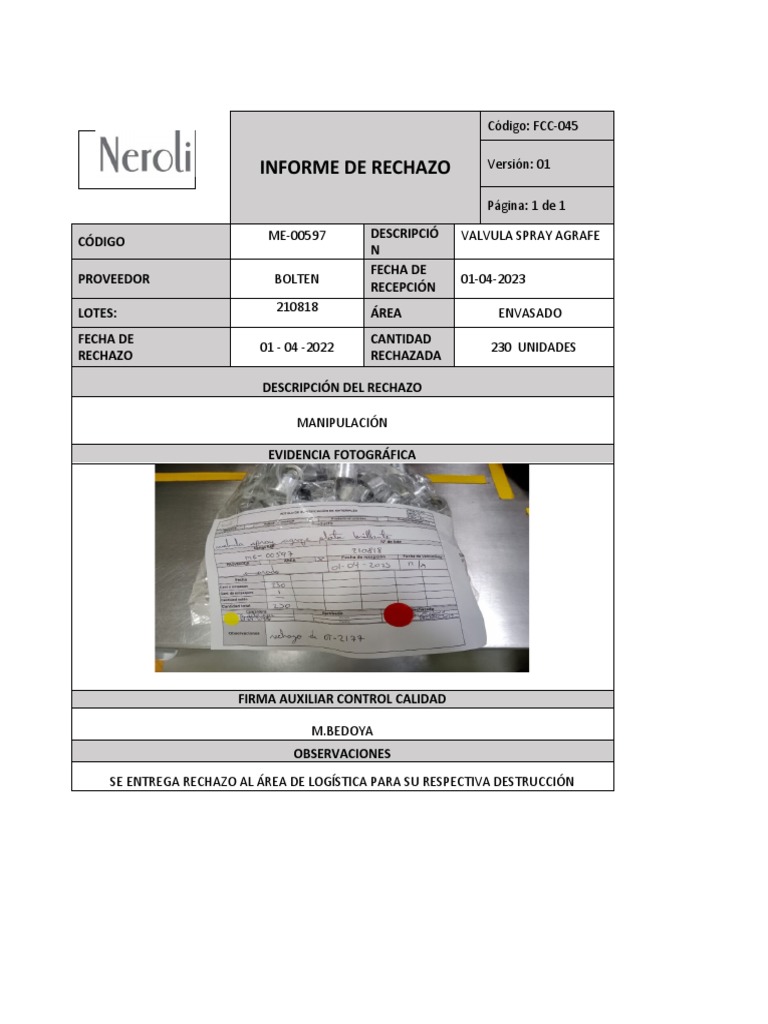 Plantilla Informe Rechazo Valvula Spray Agrape Ot 2177 | PDF