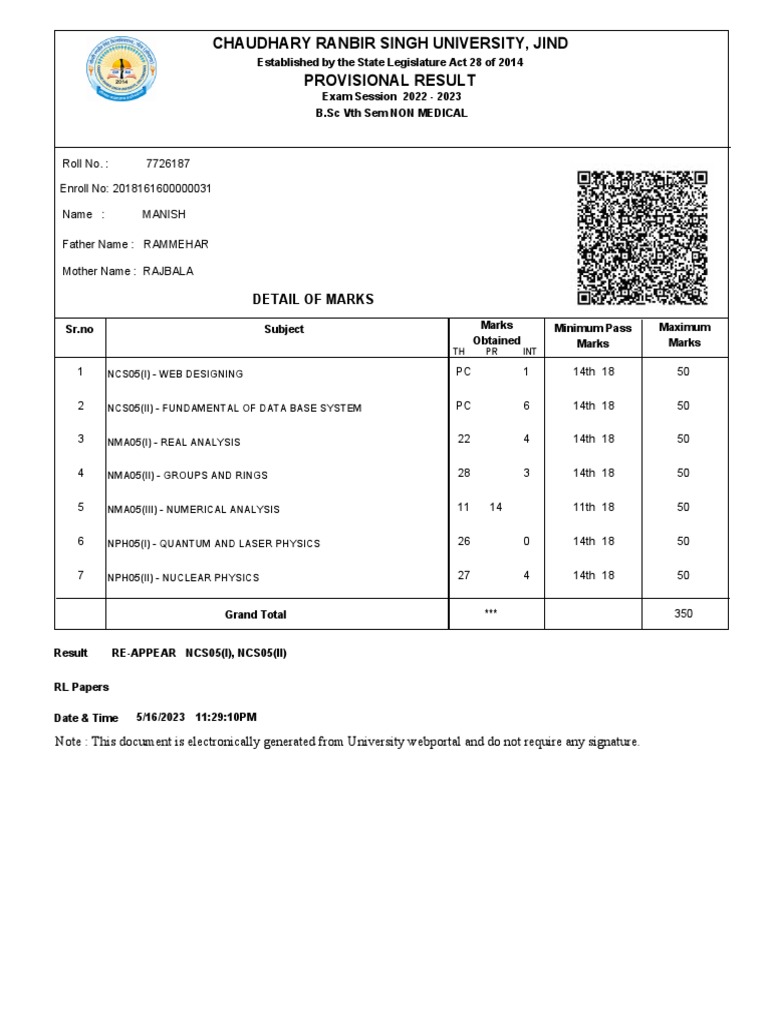 Provisional Marksheet | PDF
