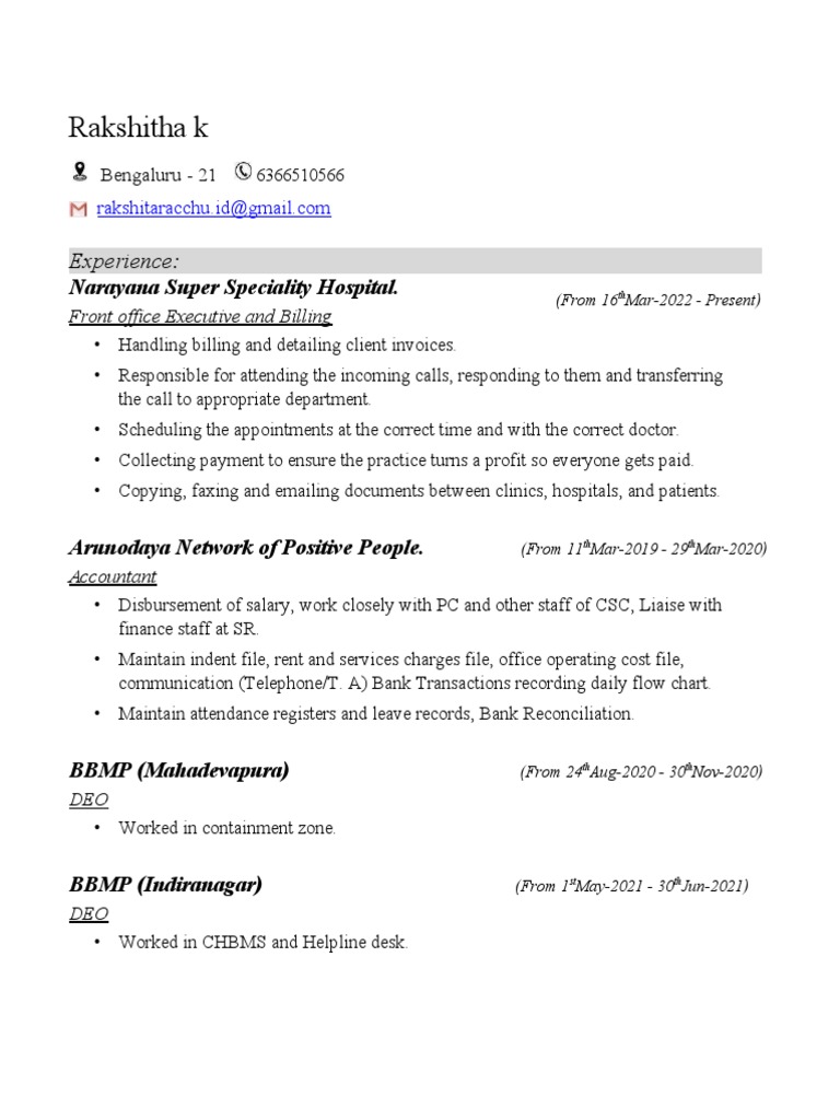 Front Office Executive Resume - Rakshitha K | PDF | Career & Growth