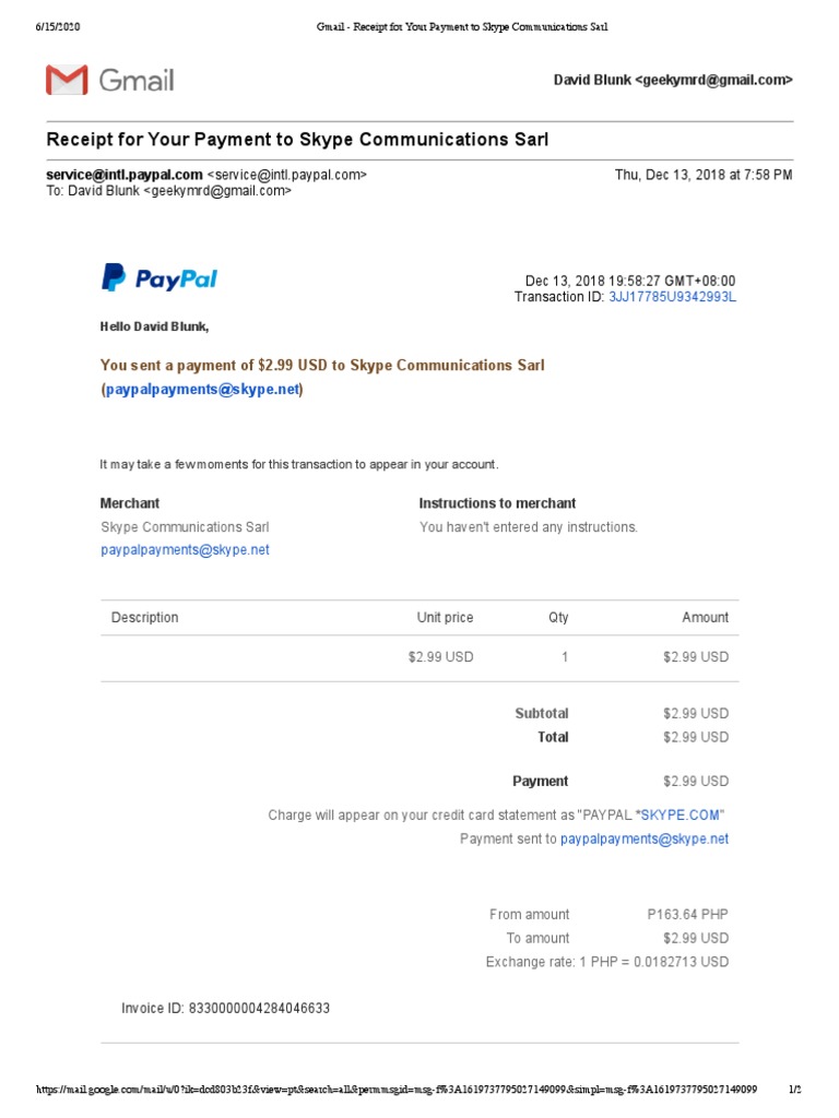 Gmail - Receipt For Your Payment To Skype Communications Sarl | PDF ...