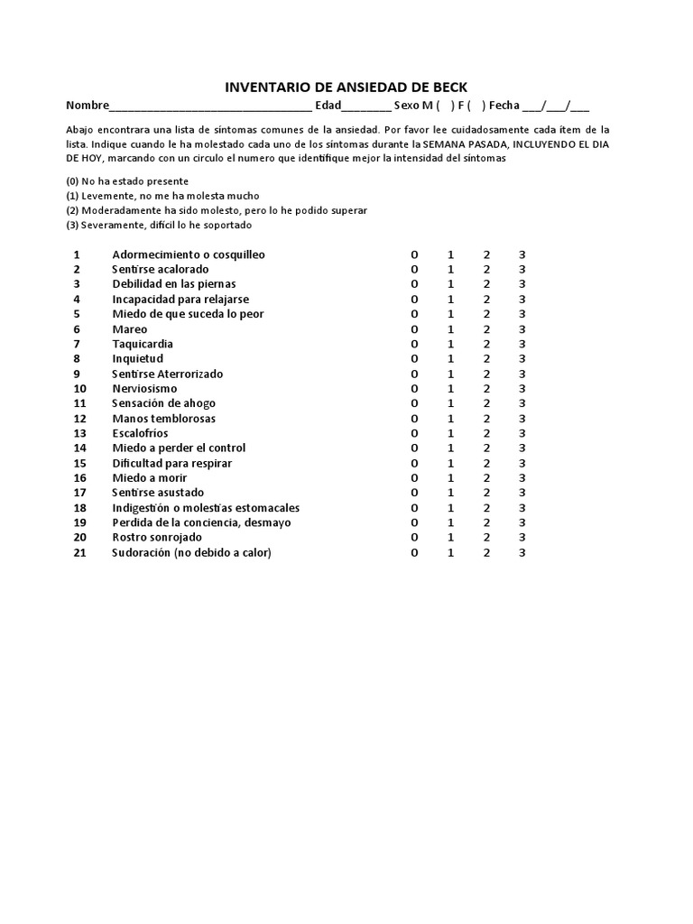 INVENTARIO DE ANSIEDAD DE BECK | PDF | Ansiedad | Enfermedades y trastornos