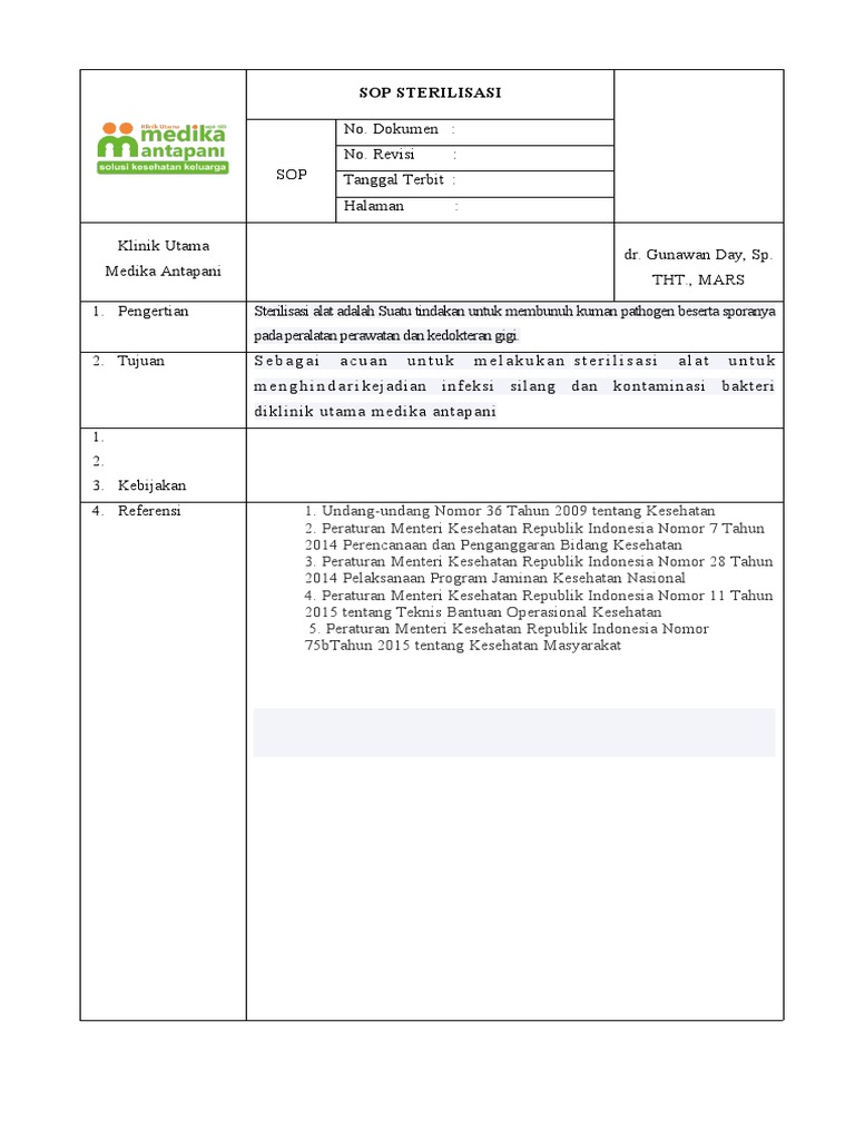 Template SOP Sterilisasi Alat | PDF