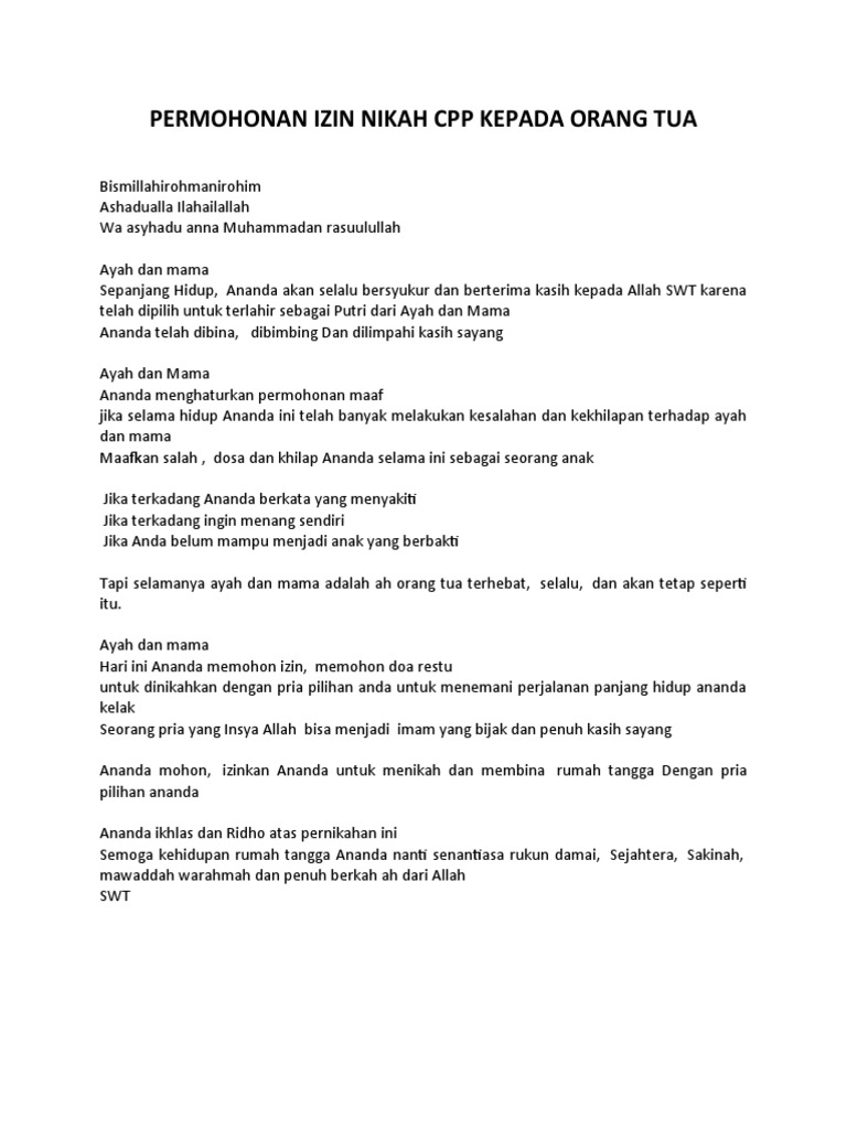 Permohonan Izin Nikah CPP Kepada Orang Tua | PDF