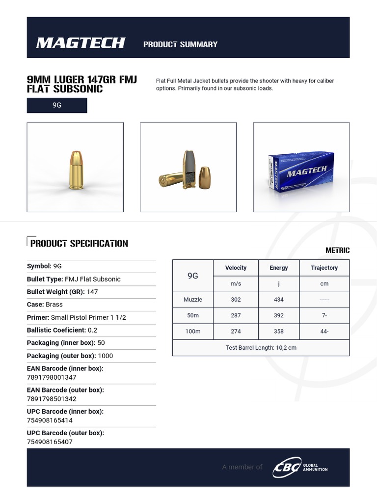 9mm Luger 147GR FMJ Flat Subsonic | PDF
