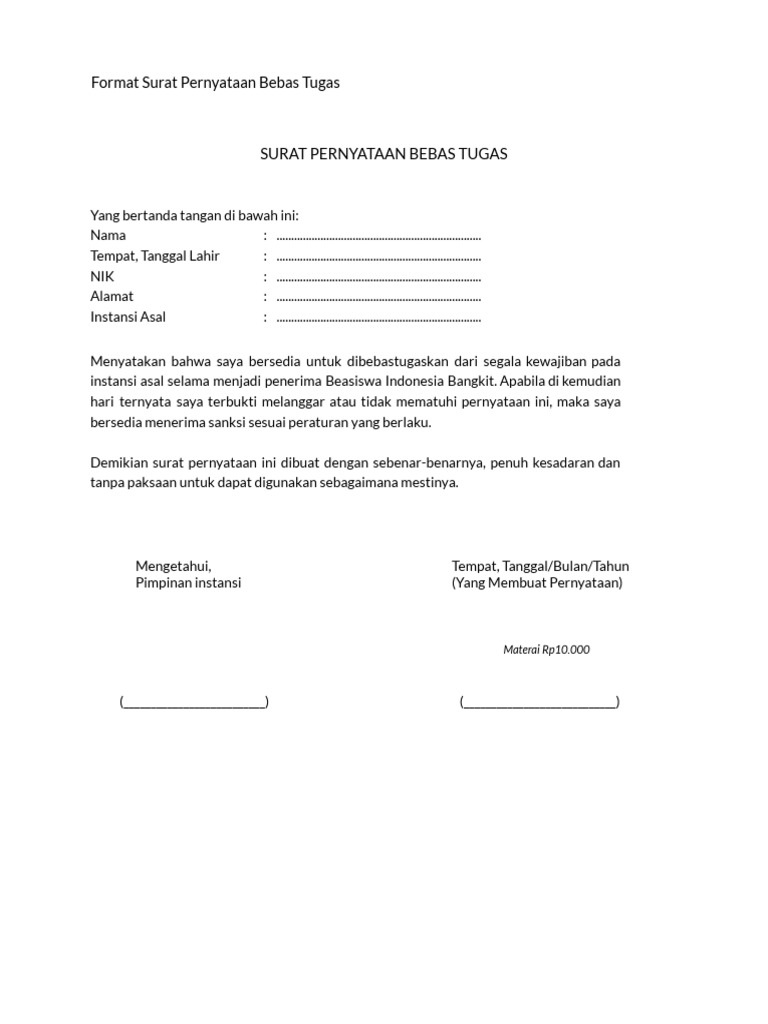 02 Format Surat Pernyataan Bebas Tugas | PDF