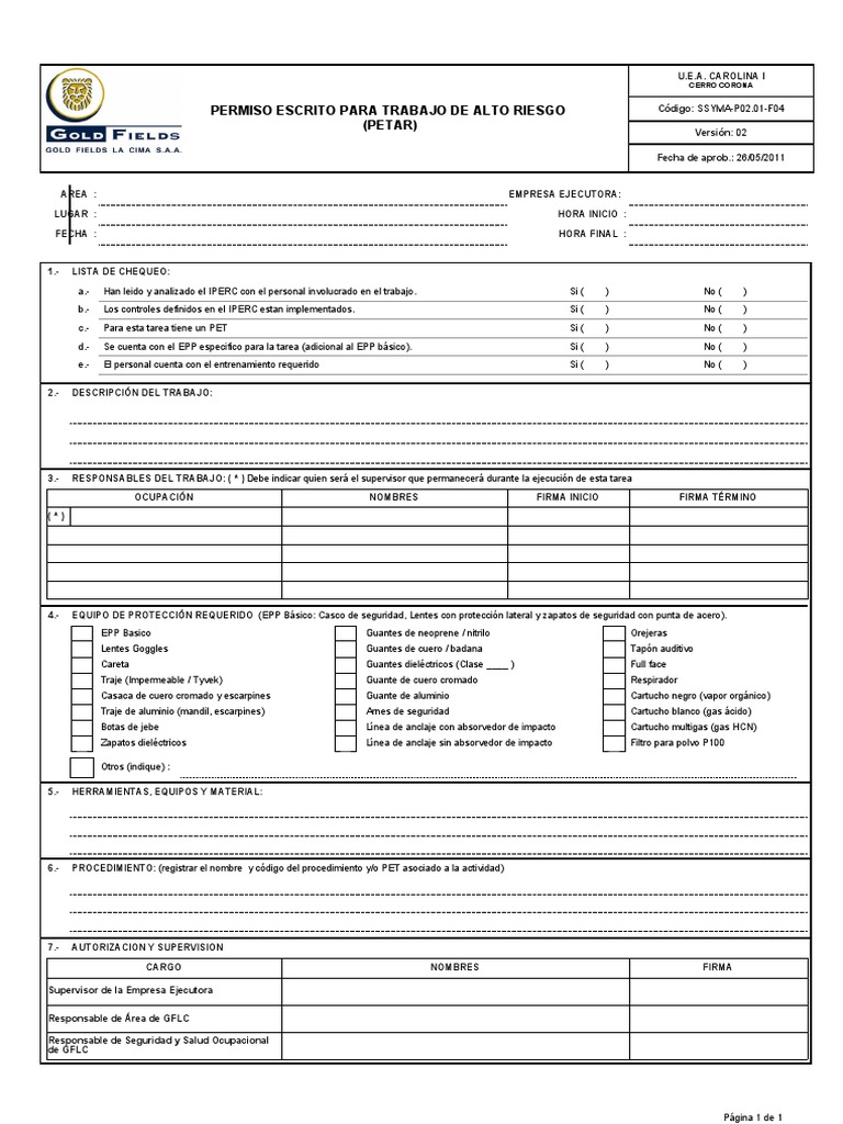 Ssyma-P-02.01-F04 Permiso Escrito para Trabajo de Alto Riesgo (Petar) | PDF