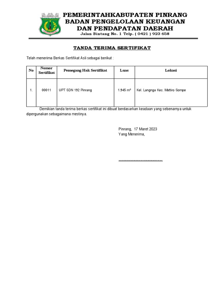 Tanda Terima Sertifikat UPT SDN 192 Pinrang | PDF